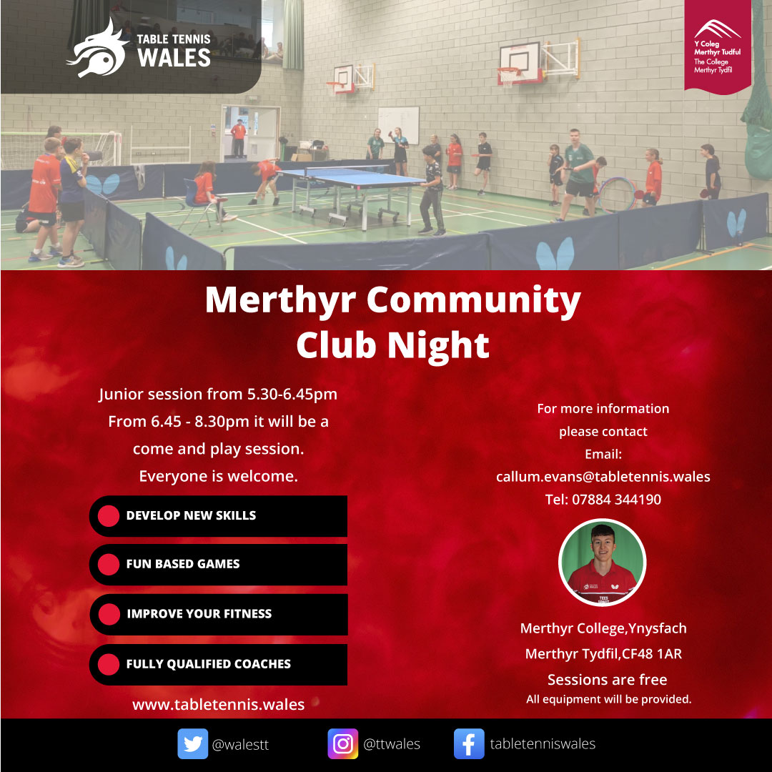 Merthyr Community Club - Every Wednesday Evening - Table Tennis Wales